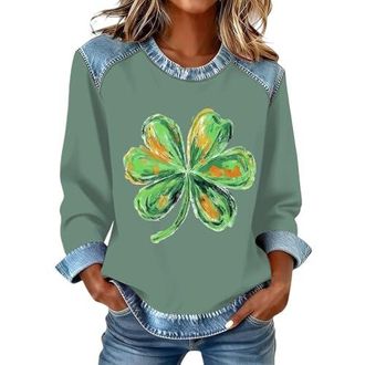 Generic HUIFUAO Sweat-shirt en jean pour la Saint-Patrick pour femme - Motif tr&egrave;fle amusant - Imprim&eacute; coeur gaufr&eacute; - Coutures en jean - Costumes irlandais de 
