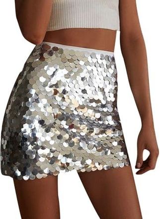 Generic Jupe courte d&eacute;contract&eacute;e &agrave; paillettes taille haute coupe ajust&eacute;e pour femme Longueur midi, Argent&eacute;., XL