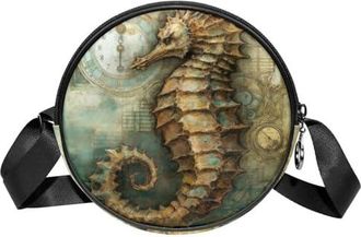 Generic Petit sac &agrave; bandouli&egrave;re rond pour femme, motif hippocampe, sac &agrave; dos &agrave; bandouli&egrave;re r&eacute;glable avec fermeture &eacute;clair, sac &agrave; main rond d&eacute;contract&eacute; pour fe
