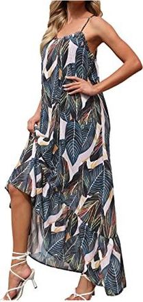 Generic Robes boh&egrave;me pour femmes, robe d&eacute;t&eacute; non r&eacute;glable, bretelles spaghetti nou&eacute;es, sans manches, d&eacute;contract&eacute;e, ample, &agrave; volants, maxi, Noir, XXL