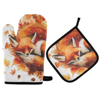 Generic 2 St&uuml;ck Backhandschuhe Set Herbst Fuchs Ahorn Herbstbl&auml;tter Topfhandschuhe Rutschfestes Ofenhandschuhe F&uuml;r Backen, Kochen, Zum Grillen