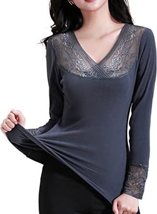 Minetom Femme sous-vêtement Thermique Uni Manches Longues Col V Dentelle Automne Hiver Chaud Pull T Shirt Haut Tops B Gris M