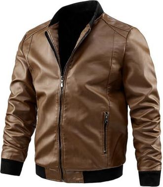 Generic Veste de motard en cuir pour homme - Blouson bomber en cuir &agrave; col montant et manches longues vintage classique en cuir avec fermeture &eacute;clair - Manteau