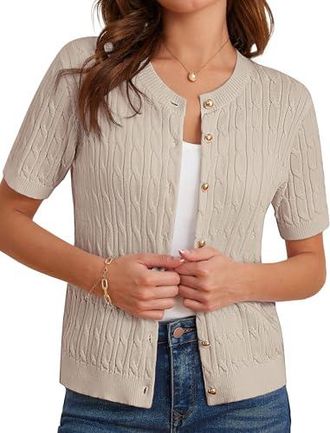 Grace Karin Gilet Femme Chic été Manches Courtes Tricot Texturé col Rond Boutonné Boléro Cardigan élégant Beige L