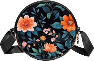 Generic Sac &agrave; bandouli&egrave;re rond pour femme, motif fleurs et feuilles vertes avec fermeture &eacute;clair, bretelles r&eacute;glables, sac &agrave; main rond d&eacute;contract&eacute; pour femmes
