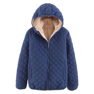 Generic Veste matelass&eacute;e &agrave; losanges pour femme, doubl&eacute;e sherpa, fermeture &eacute;clair int&eacute;grale, capuche, isol&eacute;e, l&eacute;g&egrave;re, chaude et d&eacute;contract&eacute;e, avec poches, bleu