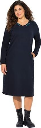 Ulla Popken Femme Grandes Tailles Robe en Molleton, d&eacute;collet&eacute; Rond et Manches Longues. Lien Fantaisie et Poches. Marine 46+ 831054130-46+