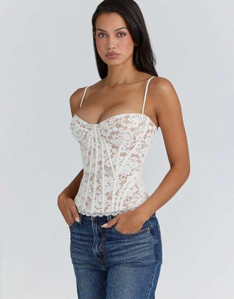 House of CB Rania - Top corset structur&eacute; en dentelle &agrave; fleurs - Blanc