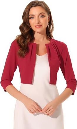 Allegra K Boléro en Mousseline Femme Blazer Court de Bureau à Haussement dÉpaules et à Manches 3/4 Cardigan Léger Court Plissé sans Col Rouge XL