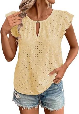 Generic T-shirt élégant à manches volantées et col en V avec oeillets pour femme, jaune, XXL