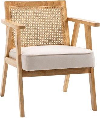 HOMCOM Homcom - Fauteuil lounge avec coussin - dossier en cannage - assise profonde - accoudoirs - structure bois h&eacute;v&eacute;a - aspect lin beige