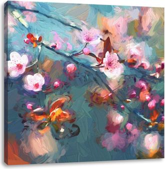 Pixxprint Exotische Sakura Blüten, Größe: 70x70cm, Leinwandbild Quadratisch, Wandbild, Kunstdruck, fertig bespannt