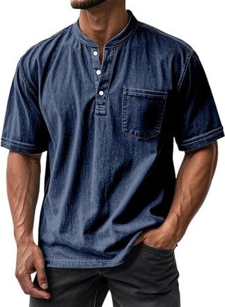 Generic Polo en coton pour homme, grande taille, col rond 1/4 bouton, avec poche poitrine, coupe confortable, couleur unie, t-shirt Henley pour l&eacute;t&eacute;, la plage