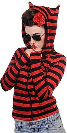 Banned Alternative Cat Ears Striped Hoodie Femme Sweat-Shirt &agrave; Capuche Noir/Rouge S
