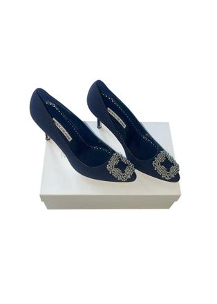 Manolo Blahnik Navy Linen Pearl Buckle 90mm Hangisi Pumps Size 39