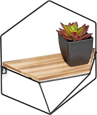 Relaxdays Wandregal Industrial, Metall & MDF, HBT: 35 x 31 x 13,5 cm, H&auml;ngeregal Hexagon, Dekoregal Wand, schwarz/braun