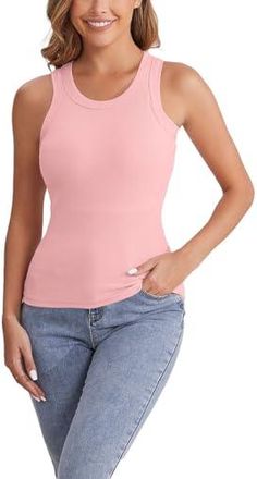 Generic D&eacute;bardeur de fitness pour femme - Avec soutien-gorge int&eacute;gr&eacute; - Gilet d&eacute;t&eacute; l&eacute;ger en coton - Camisole - Col rond - Sans manches - Stretch - &Eacute;l&eacute;gant - T-