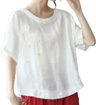 Generic T-shirt d&eacute;t&eacute; pour femme avec broderies et lin d&eacute;contract&eacute; - Design r&eacute;tro litt&eacute;raire - Couleur unie - Manches courtes, Blanc., 3XL