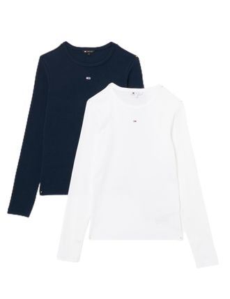 Tommy Jeans Damen 2er Pack Langarmshirts Slim Essential Rib Rundhalsausschnitt, Mehrfarbig (White / Dark Night Navy), M
