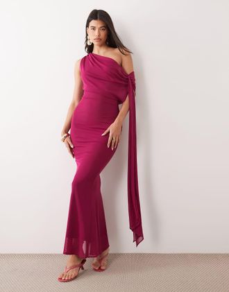 Tfnc robe longue en tulle drap&eacute;e &agrave; une &eacute;paule avec d&eacute;tail nou&eacute;, couleur berry-Rose