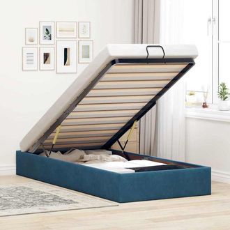 vidaXL Vidaxl - Cadre de lit ottoman bleu fonc&eacute; 90x190 cm - Velours doux - M&eacute;canisme de levage hydraulique - Rangement sous le lit