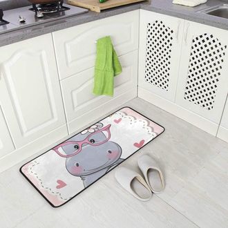 Mnsruu K&uuml;chenmatte Niedlichen Nilpferd Mit Rosa Brillen Muster rutschfeste R&uuml;ckseite Fu&szlig;matte Boden K&uuml;che Teppiche Bad L&auml;ufer Matten Teppich, 99 X 50.8CM