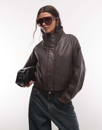 AllSaints Ryder Lederjacke mit Stehkragen in Burgunderrot