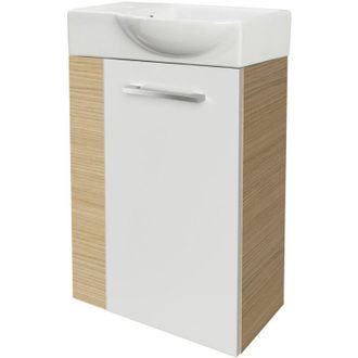 Fackelmann B. style sbc Gäste-WC Set 2 Teile - Waschtischunterschrank in Weiß mit Holz Braun mit Waschbecken aus Keramik - Waschbeckenunterschrank- Türanschlag