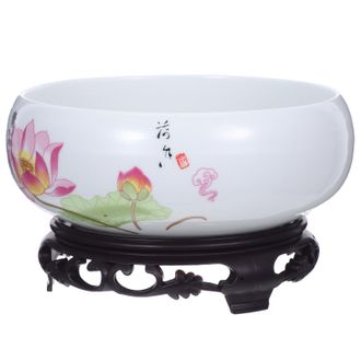 FOMIYES Lotus Schale Keramik Pflanztopf mit St&auml;nder Wei&szlig; 16 17cm Wassergeeignet f&uuml;r Innen und Au&szlig;enbereich Dekoratives Seerosen Wassergef&auml;&szlig;