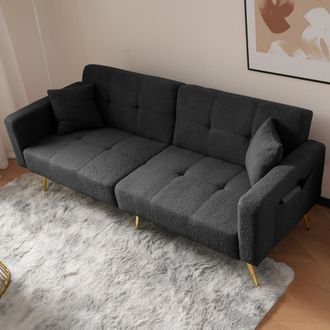 Generic Schlafsofa 2 Sitzer Lammfelloptik Goldene Beine Couch mit Schlaffunktion Boucle Seitentaschen Verstellbar G&auml;stebett Weich Kleine R&auml;ume Sofa Bed Lovese