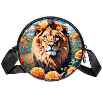 Generic Petit sac &agrave; bandouli&egrave;re circulaire pour femme, motif fleur de lion, sac &agrave; dos avec fermeture &eacute;clair, bretelles r&eacute;glables, sac &agrave; main rond d&eacute;contract&eacute; 