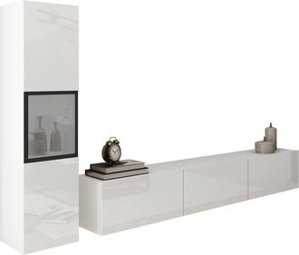 Mirjan24 Wohnwand Bentlor I, Mediawand, Schrankwand, im Set Vitrine, TV-Lowboard, Anbauwand kann aufgestellt BZW. aufgeh&auml;ngt Werden (Wei&szlig;/Wei&szlig; Hochglanz, ohne 