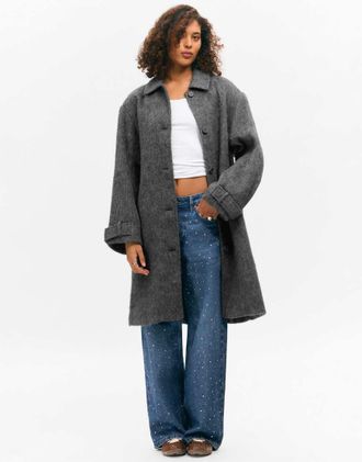 Monki Manteau long en laine m&eacute;lang&eacute;e - Gris fonc&eacute;