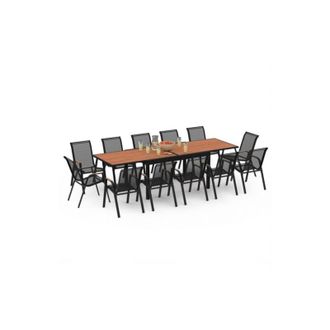 IDMarket Salon de jardin NOUMEA table extensible 135/270 cm plateau effet bois et 12 chaises empilables noir et bois
