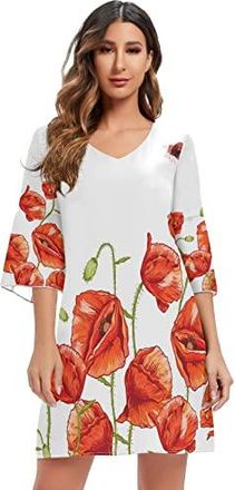 Mnsruu Mini robe décontractée en mousseline de soie à manches 3/4 et col en V Motif coquelicot Rouge sur fond noir, Multicolore, L-XL