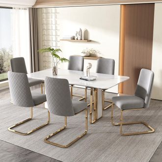 Merax Schwingstuhl 6er-Set, Samt Esszimmerstühle mit Metall-Stützbeinen, bequemer Freischwinger Stühle für Wohnzimmer, Schlafzimmer, Samt, Grau & Gold