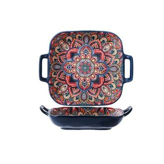 Generic Plateau de service en c&eacute;ramique avec poign&eacute;es, assiette en c&eacute;ramique boh&egrave;me, assiette carr&eacute;e, plat &agrave; salade color&eacute;, assiette &agrave; fruits r&eacute;tro (style B)