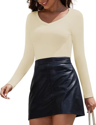 Joyshaper Damen V-Ausschnitt Langarmteeshirt Langarm Unterhemd Basic Lang&auml;rmeliges T-Shirt mit Rundhalsausschnitt f&uuml;r Damens Creme XXL