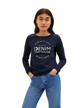 Tom Tailor Damen 1039817 Sweater mit Logo-Print & Raffarm, 10668-sky Captain Blue, XXL