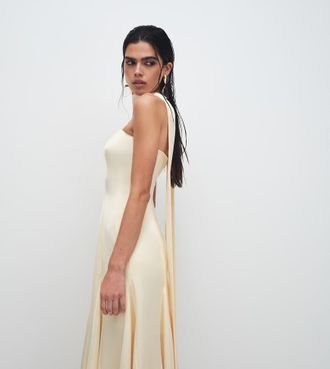 KAIIA Exklusives, tr&auml;gerloses Maxikleid aus Satin in Buttergelb mit Schaldetail und Godet-Saum
