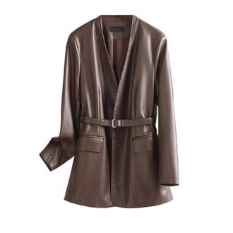 Generic Veste Blazer Femme Faux Cuir - Automne Hiver Col V Long Manteau Ample Avec Ceinture De Taille PU V&ecirc;tements Dext&eacute;rieur, 1, S