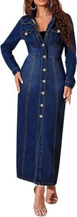 ORANDESIGNE Robe en Jeans Femme Longue Robes Jeans Manches Longues Maxi Robe en Denim Robes Taille Haute Automne Hiver A Bleu Fonc&eacute; XXL