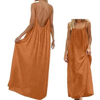 Generic Robe longue caraco dos nu pour femme, sans manches, couleur unie, dos ouvert, robe d&eacute;t&eacute; pour la plage, les vacances, la maison avec noeud dans le dos,