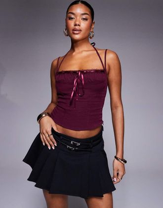 Princess Polly Neckholder-Oberteil in Burgunderrot mit gerafftem Dekolleté und Spitzendetail