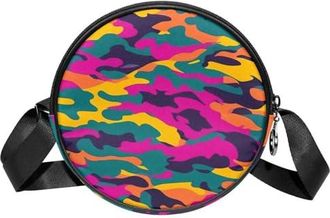 Generic Petit sac &agrave; bandouli&egrave;re rond pour femme, motif camouflage color&eacute;, avec fermeture &eacute;clair, bretelles r&eacute;glables, sac &agrave; main rond d&eacute;contract&eacute; pour femmes 