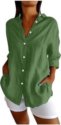 Generic Chemise &agrave; manches longues en lin pour femme tendance d&eacute;t&eacute; &agrave; revers boutonn&eacute; 2025 chemisiers classiques en coton et lin coupe ample tenues de gaze pour