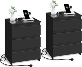 Yaheetech Nachttisch 2er Set Beistelltisch mt 2 AC-Steckdosen, 2 USB-Anschlüsse und 3 Schubladen Boxspringbett Nachtschrank Nachtkommode für Schlafzimmer Wohnzi