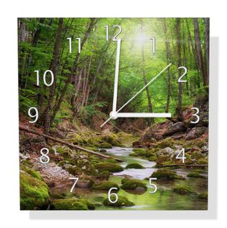 Wallario Design Wanduhr Fluss im Wald aus Aluverbund, Alu-Uhr Gr&ouml;&szlig;e 30 x 30 cm, wei&szlig;e Zeiger mit Metalloptik