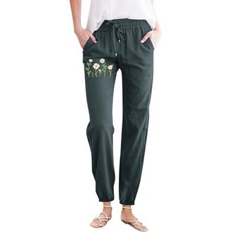 Generic Pantalon en coton et lin pour femme - Jambe large - Pantalon de plage d&eacute;t&eacute; pour femme - Confortable - Pantalon de yoga Palazzo XIYU26033, vert fonc&eacute;, 