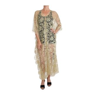 Dolce & Gabbana Spitzen-Maxikleid mit V-Ausschnitt und 3/4-&Auml;rmeln - - Dresses - Damen - Gelb - XS